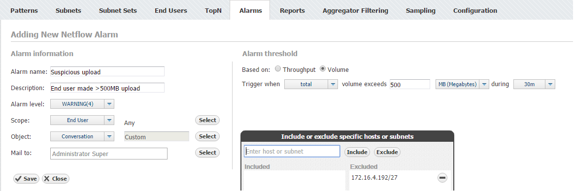Alarm Settings (NFA) - NetVizura User Guide - NetVizura User Guide